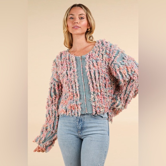 Anthropologie | Jackets & Coats | Blue Denim Zip Shaggy Fringe Fuzzy ...